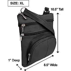 Roma Leathers Genuine X-Large Crossbody Purse, Multi-Pocket, Adjustable Strap, XL, Black