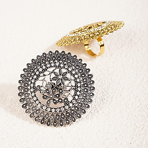 Jumwrit Rhinestone Big Round Ring Open Wrap Ring Vintage Ring with Flower Engraved Statement Ring Adjustable Finger Ring Indian Ring for Women and Girls（Silver）