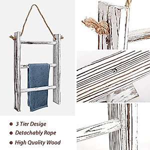 3-Tier Wood Tower Ladder Rack with Rope, Hanging Wooden Blanket Storage Organizer for Bathroom, Small Farmhouse Storage Shelf Rustic and Decorative