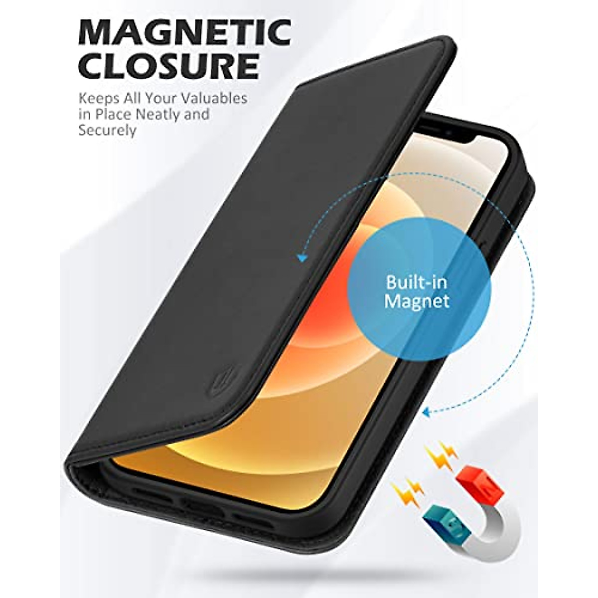 SHIELDON Case for iPhone 12/12 Pro 5G, Genuine Leather Wallet Case Magnetic RFID Blocking Credit Card Holder Kickstand Shockproof Case Compatible with iPhone 12/12 Pro (6.1 Inch 2020) - Black