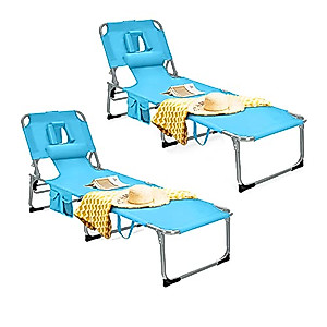 Tangkula Beach Chaise Lounge Chair with Hole for Face, Patio Folding Adjustable Reclining Beach Sunbathing Chair with Side Pocket, Portable Face Down Tanning Chair for Outdoor Backyard Poolside (2)