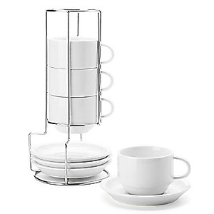 Sweese 406.401 Porcelain Stackable Cappuccino Cups with Saucers and Metal Stand - 8 Ounce for Specialty Coffee Drinks, Cappuccino, Latte, Americano and Tea - Set of 4, White