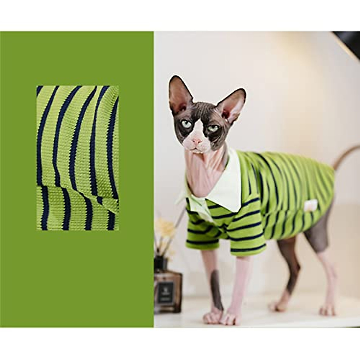 Sphynx Hairless Cat Clothes Autumn Waffle Stripe Lapel Polo Shirts Breathable Thicken Cotton T-Shirts with Sleeve Kitten Shirts Pet Clothes (M (6-7.7lbs), Black Green Polo)