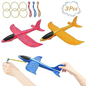 DC-BEAUTIFUL 3 Pack Upgrade 13.6" Airplane Toys, Throwing Plane 2 Flight Modes, Throwing Foam Airplanes with Rubber String Launch, Outdoor Sport Toy Party Favor Birthday Gift for Kids