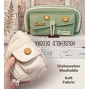 Krdrgey Beige Pencil Case, Large Capacity Study Pouch Bag with Two Compartments, Portable Soft Canvas Easy Carry for Library and Travel Makeup Organizer, Elegant Aesthetic Study Supplies (green)