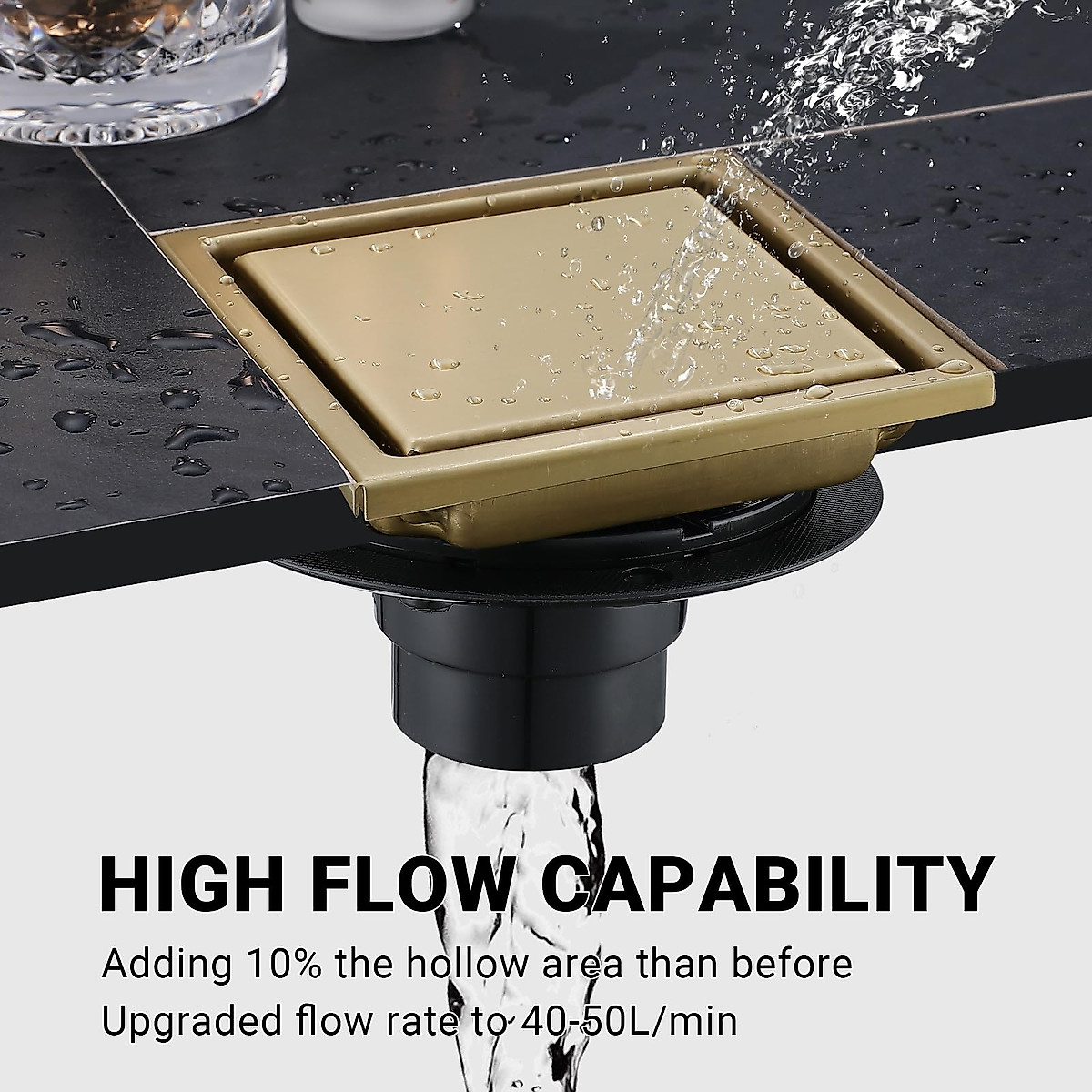 4 Inch Gold Shower Drain, SUS304 Stainless Steel Square Bathroom Floor Drain with Flange Reversible 2-in-1 Cover Insert Tiles for Filtering, Brushed Gold