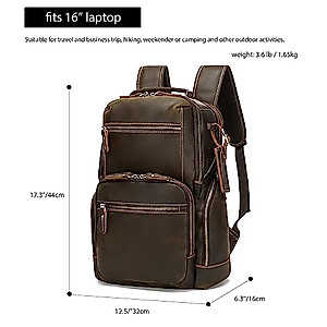 LANNSYNE Vintage Full Grain Genuine Leather Backpack For Men, fits 16" Laptop Travel Hiking Bag Camping Rucksack Brown