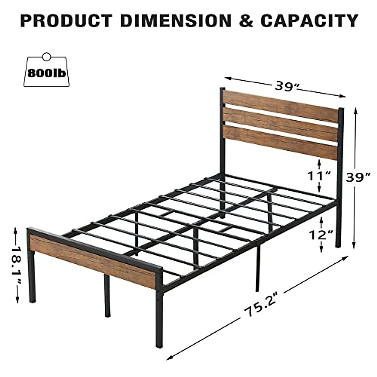 Alkmaar Bed Frame with Wood Headboard and Metal Slats Support Platform Bed Frame with Storage No Box Spring Needed (Twin)