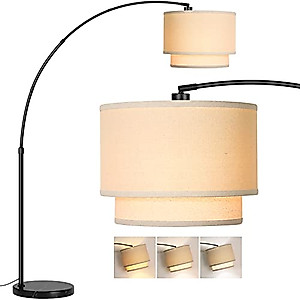 Arc Floor Lamps for Living Room, Contemporary Height Adjustable Standing Tall Lamp with Marble Base and Unique Double Drum Fabric Shade 3 Color Temperatures Over Couches Lamp for Bedroom Office