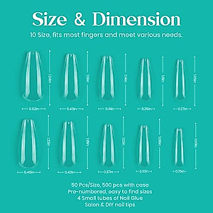 Beetles Long Coffin Fake Gel Nail Tips - 500Pcs Acrylic Press on Clear Artificial False Nails with Nail Glues for Acrylic Nail/Dip Powder Nails/Poly Nail Extension Gel Holiday Nails Art Design