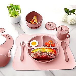 Newtay 8 Pack Baby Feeding Eating Supplies Silicone Suction Divided Plate Bibs Bowl Placemat Spoon and Fork Cup with Straw Tableware Set for Toddler (Dark Pink), 1.0 Count