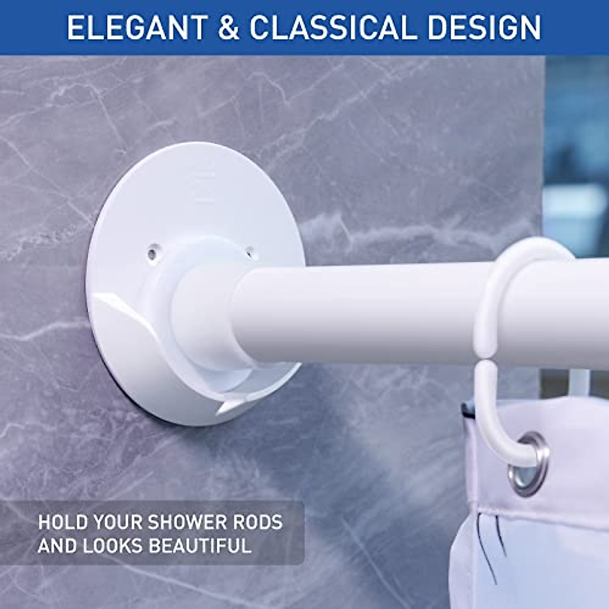 Shower Curtain Rod Holders for Wall – Adhesive Bathroom Tension Rod Retainer with Deeper Bracket Include Strong Tape for No Drilling Quick Mount and 304 Screws for Permanent Installation (Gloss White)
