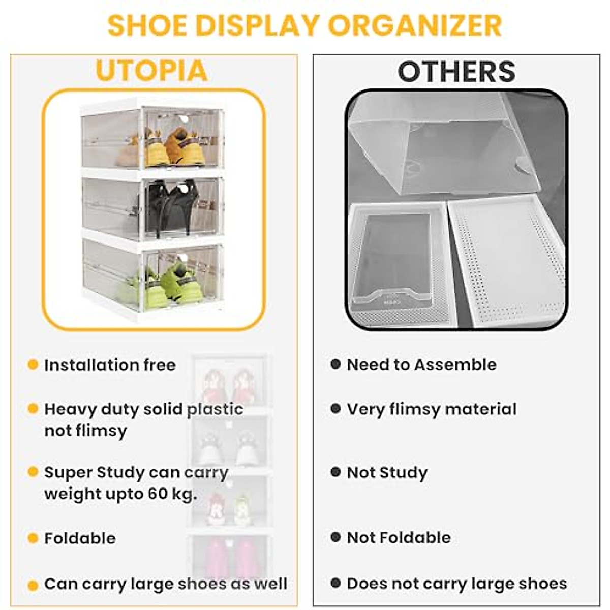 Utopia Home 3 Layers Foldable Shoe Organizer,Clear Plastic Stackable Shoe Organizer for Closet,Space Saving Shoe Storage Box,Foldable Shoe Storage Cabinet