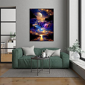 CHWGLFGG 5D Diamond Painting Kits for Adults Beginners, Moonlight Waterfall Diamond Art Kits, DIY Full Round Drill Night Moon Landscape Paint with Diamonds Gem Art, Home Wall Decor 12 x 16 Inch