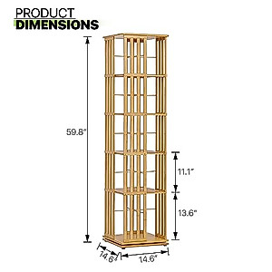 Magshion Rotating Bookcase 4-Tier Corner Shelf Bamboo Media Storage, 59.8" High Revolving Floor Standing Storage Organizer Living Room Bedroom 360 Degree Rotating Storage (Natural, Stripe Guardrail)