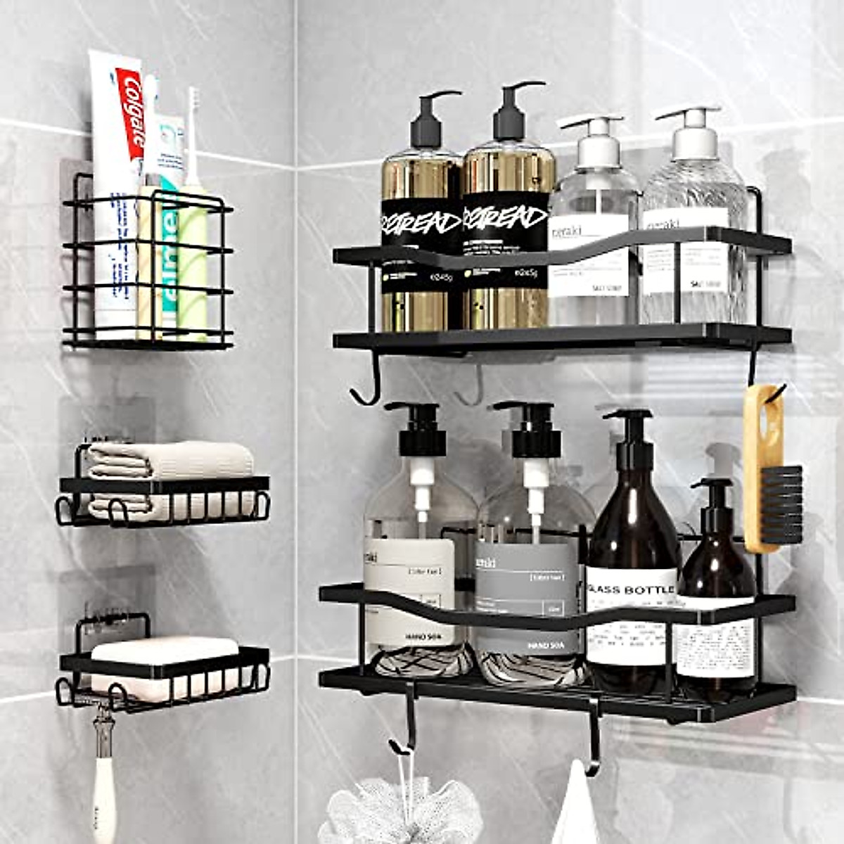 Monjuae Shower Caddy 5 Pack, Bathroom Organizer, Strong Adhesive Shower Shelves, No Drilling, Waterproof, Rustproof Shower Organizer for Inside Shower Rack, Shower Storage for Bathroom, Kitchen,Black