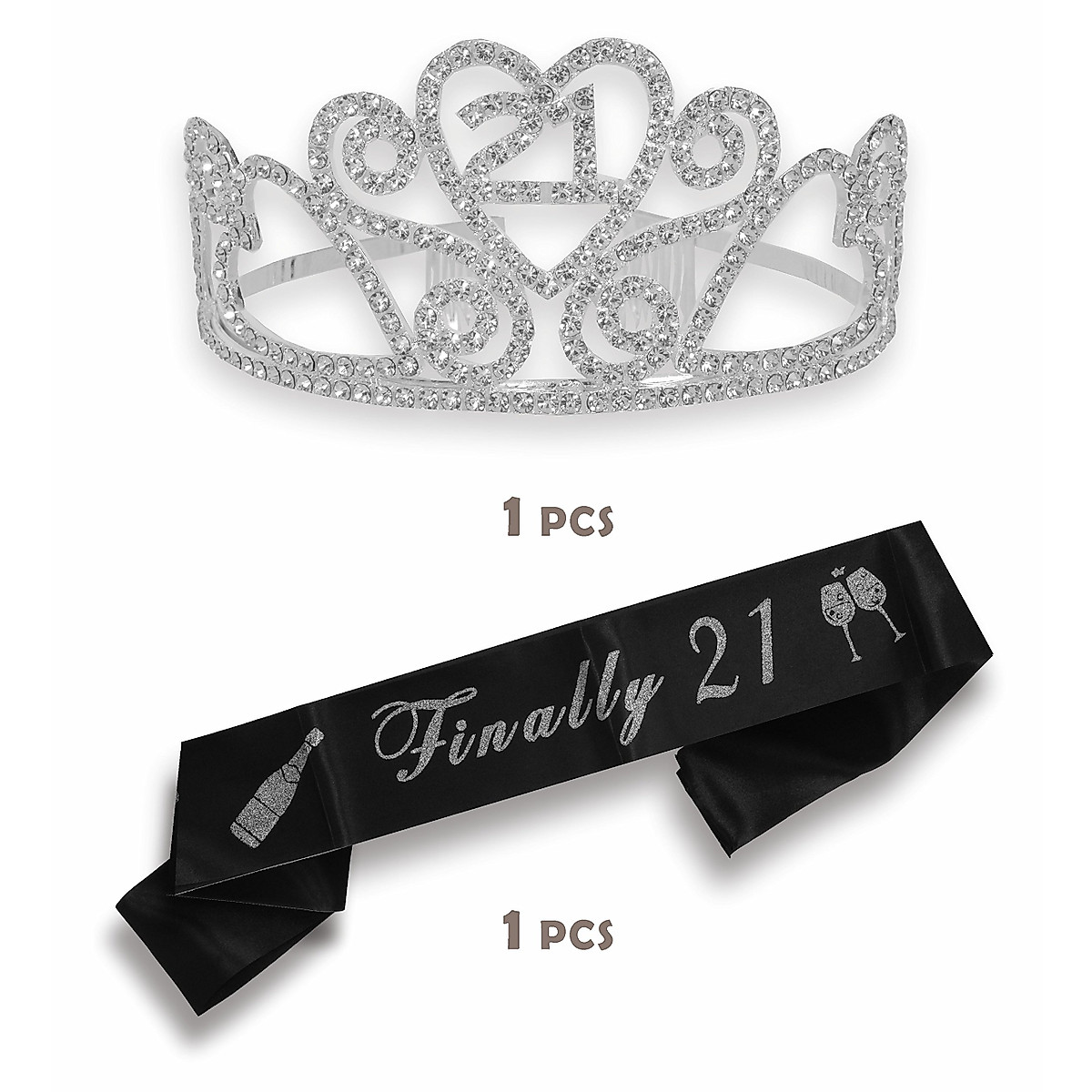 21st Birthday Sash and Tiara for Women - Fabulous Set: Glitter Sash + Floating Heart Rhinestone Silver Premium Metal Tiara for Women, 21st Birthday Gifts for 21st Birthday Party