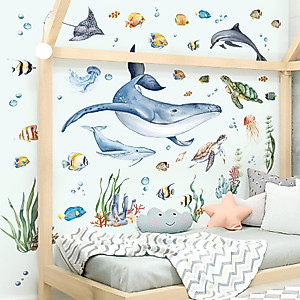 decalmile Watercolor Under The Sea Whale Wall Stickers Ocean Fish Sea Turtle Seaweed Underwater Wall Decals Bathroom Baby Nursery Bedroom Wall Decor