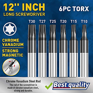Amartisan 6-Piece Extra Long Torx Screwdrivers Set, length 12''(300mm) T10 - T30, Long Long star Screwdrivers Set