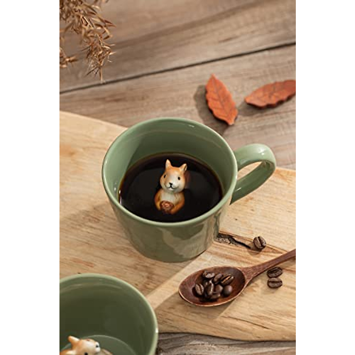 DIHOclub Squirrel Ceramic Cup Hidden 3D Animal Inside Mug,Cute Cartoon Handmade Figurine Mugs,Holiday and Birthday Gift for Coffee Milk Tea Lovers,12 OZ(Light Green)