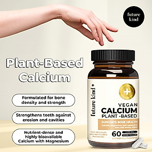 Future Kind Vegan Calcium Supplement (60 Capsules) - Plant-Based Calcium Magnesium Supplement Sourced from Iceland for Teeth and Bone Support - Calcium Supplements for Women & Men