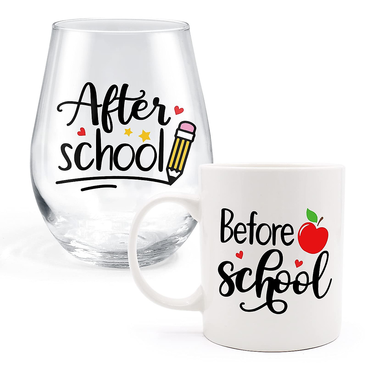 Teacher Appreciation Gifts Set Before School After School 11Oz Coffee Mug 20 Oz Stemless Wine Glass Teacher Retirement Gift First Day of School Birthday Present Back To School Christmas Thanksgiving