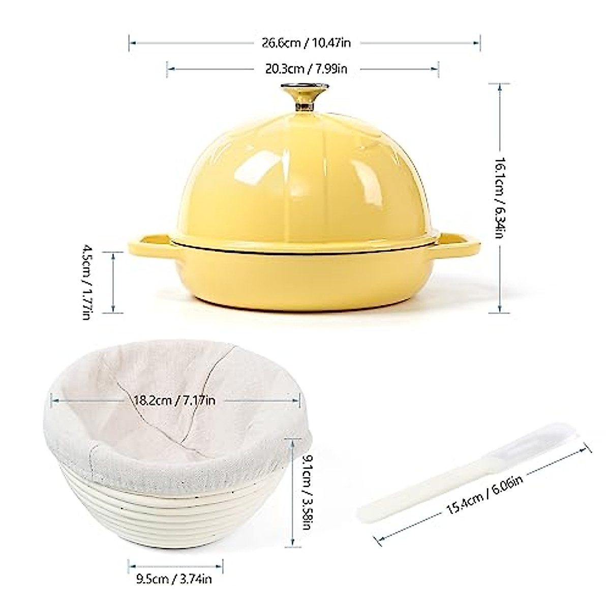HAWOK Cast Iron Bread Cloche, Dia. 7.8inch/20cm, with Proofing Basket and Dough Scoring Knife, Sourdough Baking Pan Enameled Yellow