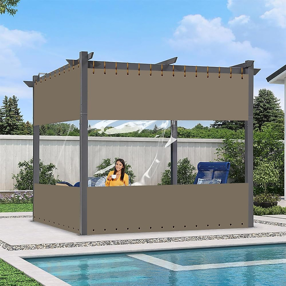 Covers & all Outdoor Clear Panel Curtain, 12 oz Vinyl Outdor Curtains for Patio, Waterproof & Weather Resistant Tarp with Brass Grommets for Pergola, Porch, Gazebos, Balcony (7H x 4W feet, Beige)