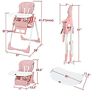 INFANS 4 in 1 High Chair–Booster Seat, Convertible Highchair w/Adjustable Height and Recline,Removable Tray,DetachableCushion, Installation-Free,Simple Fold for Baby, Infant& Toddler (Pink)