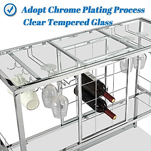 ASYA Wine Rack Table with Glass Holder, 3-Tier with Temered Glass Shelves, Modern Liquor Cabinet with Storage for Wine Bar, Living Room, Kitchen and Dining Room (Silver Finish)