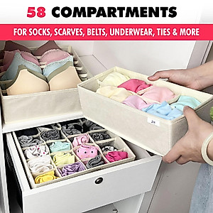 JM PLUS LLC 6 Pack Underwear Organizer with dividers, 58 Cell Drawer Organizer for Clothing Foldable Non-Woven Fabric Dresser Organizer & Storage Boxes for Socks Bra Panty Scarf Ties (Beige)