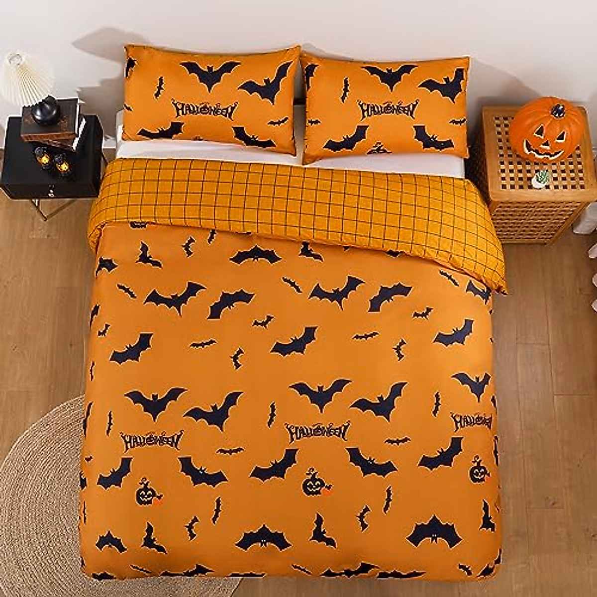 Xruibed Halloween Duvet Cover Set Twin - Pumpkin Bat Orange Bedding With Pillowcase, Horror Comforter Cover for Kids Teens, 2 Pieces, 68"x 86"