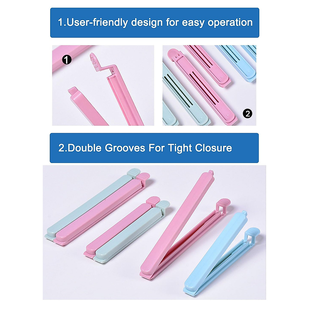 30 Packs Bag Sealing Clips, Snack Bag Plastic Sealing Clip, Resealable & Washable Chip Clips(6.3 in, 4.7 in)