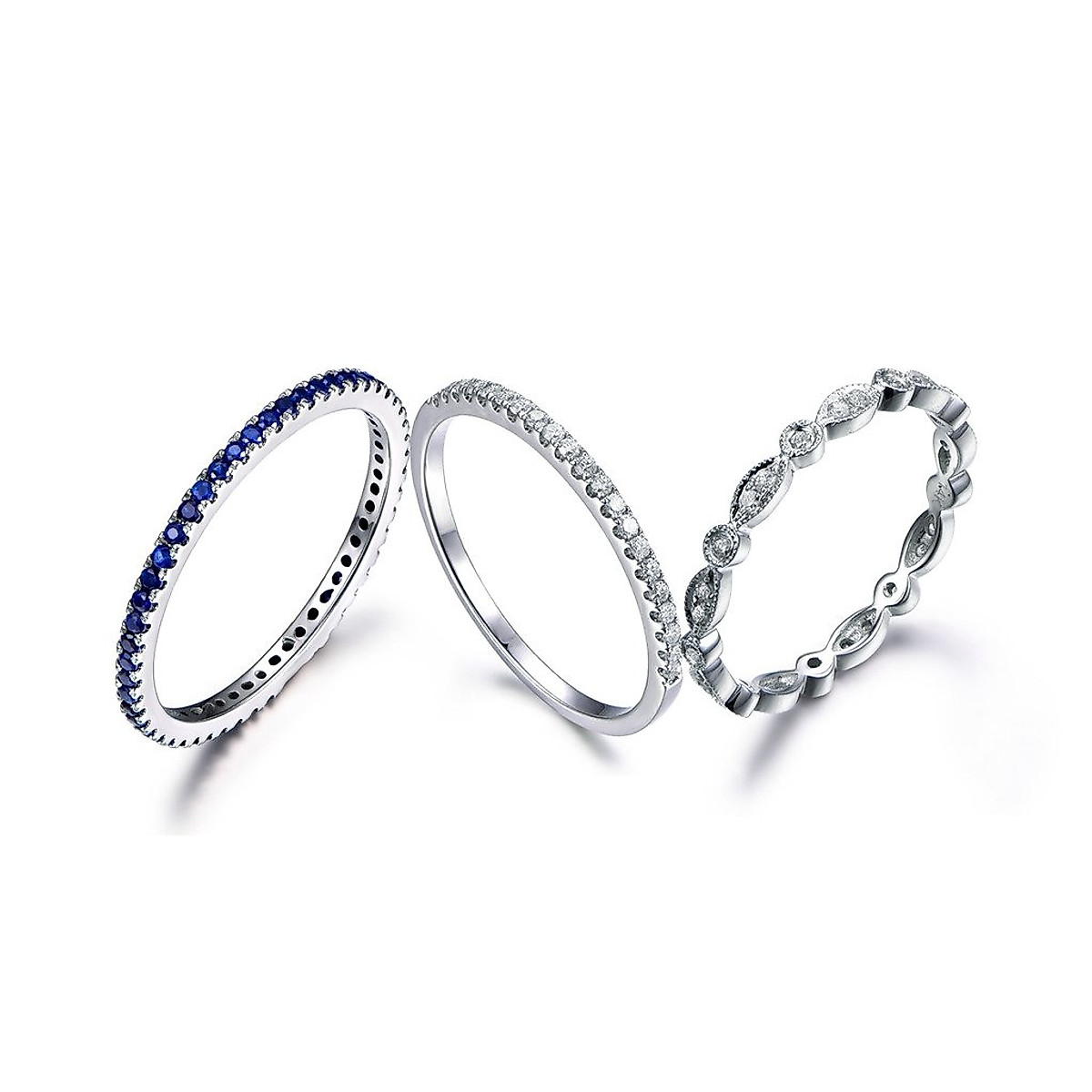 3pcs 14k White Gold Promise Band Set,Natural Blue Sapphire Diamond Art Deco Antique Bridal Rings Sets