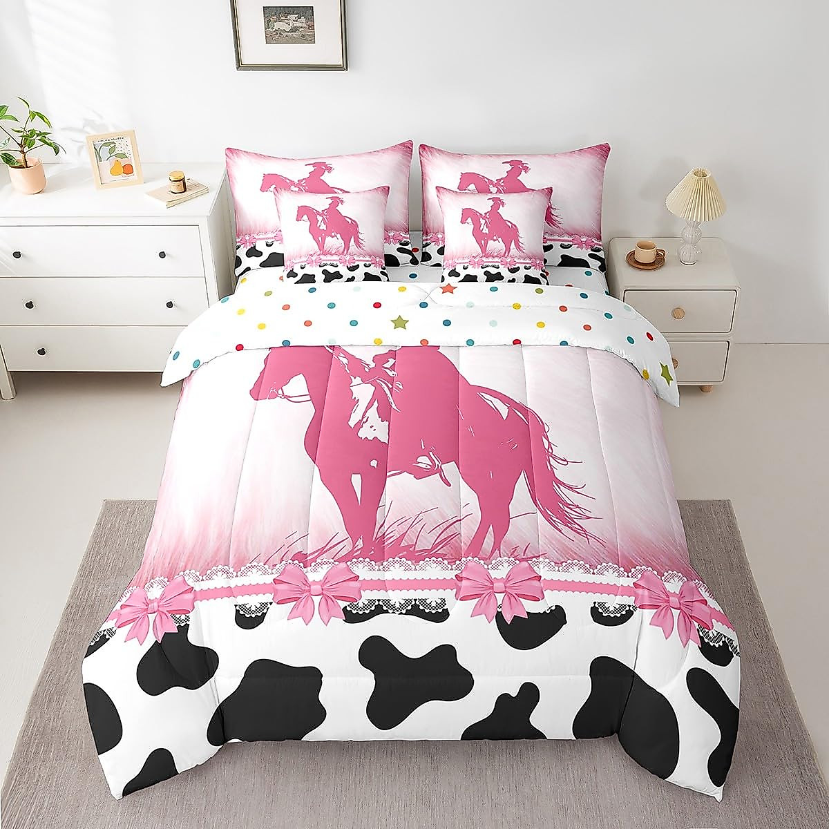 Erosebridal Cowgirl Western Bed in a Bag Queen Comforter Set 7 Piece,Pink Cowhide Bedding Sets Black and White Cow Print Sheet Set with Comforter Cowboys Gifts for Women,Horse Gifts for Girls
