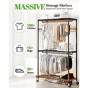 HOKEEPER Heavy Duty Wire Garment Rack Clothes Rack with Shelves and Double Rods, Rolling Clothing Rack for Hanging Clothes, Portable Freestanding Closet Storage Shelves Rack with Wheels and Hooks