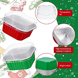 Suttmin 100 Pcs Christmas Aluminum Cups Foil Cupcake Container with Lids 5 oz Xmas Square Foil Pan Holder Mini Disposable Ramekins Cake for Xmas Party(Red, Green, Plain)