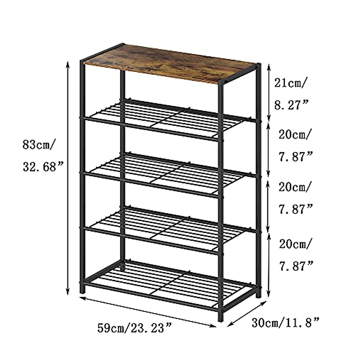 Yusong Shoe Rack, 5 Tier Shoe Organizer Storage for Closet Entryway, Narrow Tall Metal Shoe Shelves with Industrial Wooden Top, Rustic Brown and Black