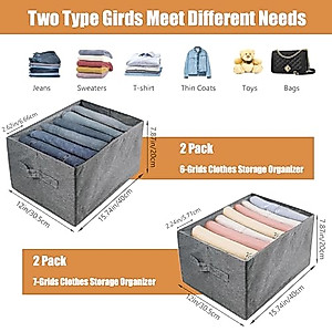 Jeans & Pants Organizer - Foldable Closet Storage with Handles, 4 Pack (2 x 6-Grids + 2 x 7-Grids) for Jeans, Pants, Thin Coat, Jackets