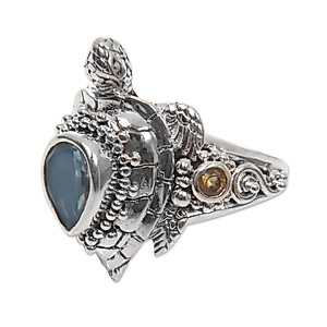 NOVICA Artisan Handmade Multi Gemstone Cocktail Ring Turtle Theme from Bali Sterling Silver Citrine Blue Topaz Amethyst Multigem Multicolor Purple Yellow Domed Indonesia Serenity Animal Themed [ring ]