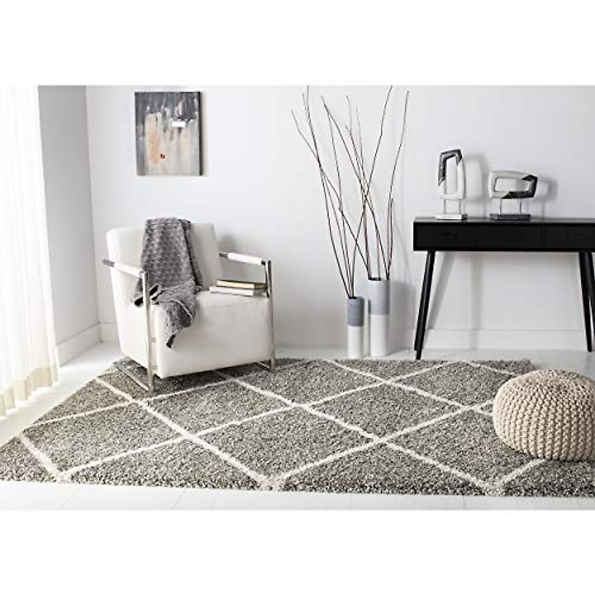 SAFAVIEH Hudson Shag Collection Area Rug - 8' x 10', Grey & Ivory, Modern Trellis Design, Non-Shedding & Easy Care, 2-inch Thick Ideal for High Traffic Areas in Living Room, Bedroom (SGH281B)