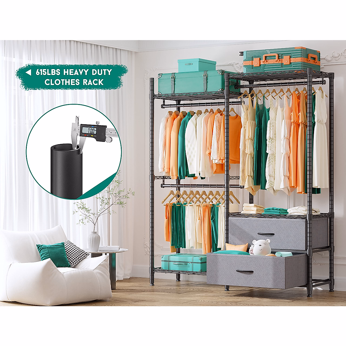 REIBII Garment Rack Clothing Rack for Hanging Clothes 150+ Load 650lbs Freestanding Wardrobe Closet with 2 Drawers, 3 Hanging Rods Clothes Rack for Extra Closet Space, 15.9" D x 46.5" W x 70.9" H