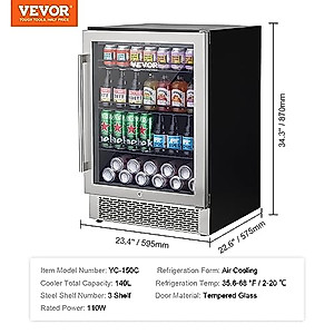 VEVOR Cooler 154 Cans Capacity Refrigerator Under Counter Built-in or Freestanding Beverage Fridge with Blue LED Light, Tempered Glass Door, Child Lock for Drink Soda Wine, Silver