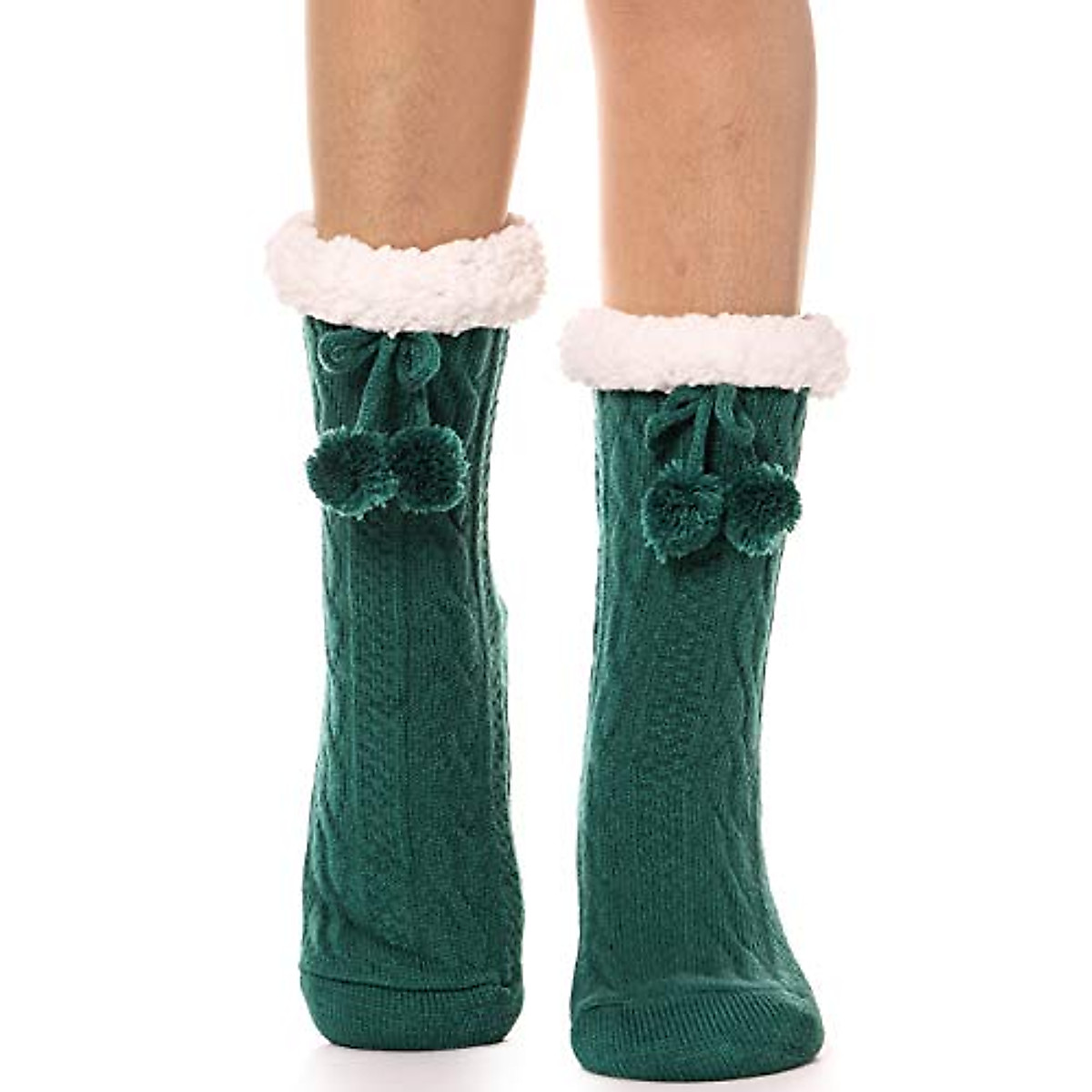 Anlisim Women Slipper Socks Fluffy Fuzzy Cabin Cozy Winter Warm Comfy Soft Fleece Thick Home Stocking Stuffers with Grips Non Skid Gift Socks（Ball (Green)）
