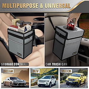 K KNODEL Car Trash Can with Lid, Leak-Proof Car Garbage Can with Storage Pockets, Waterproof Auto Garbage Bag Hanging for Headrest (Small, Gray)