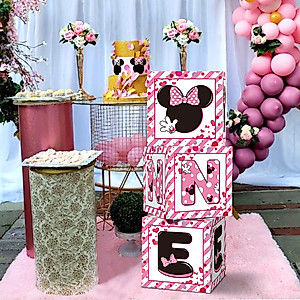 Pink Mouse Girl 1st Birthday Party Decorations Balloon Boxes, 3pcs Pink Mouse Theme One Years Old Birthday Balloon Boxes,for Girl First Birthday Party Decorations Supplies