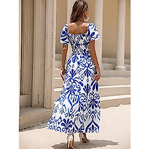 MakeMeChic Women's Floral Print Layered Short Sleeve Square Neck Ruffle High Waist A Line Summer Long Dress Blue and White XL