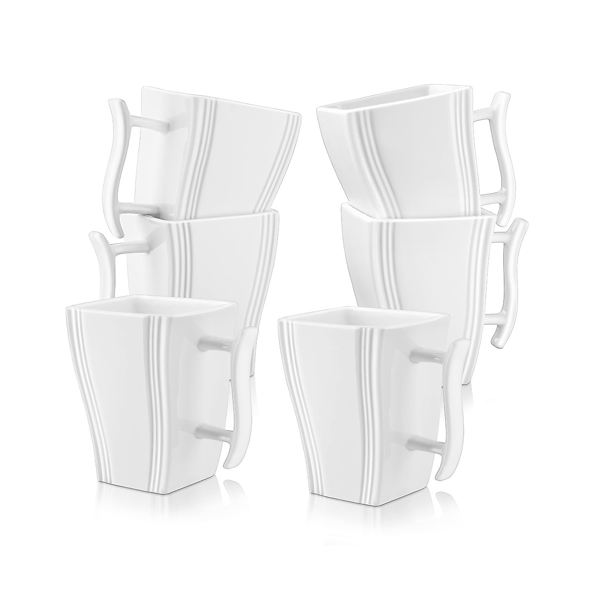 MALACASA Coffee Mugs, Porcelain Mug Set of 6, Square 11 oz White Coffee Cups with Handles for Man Woman, Modern Ceramic Mugs Set for Coffee, Latte, Cappuccino, Tea, Milk, Mocha, Cereal, Series FLORA