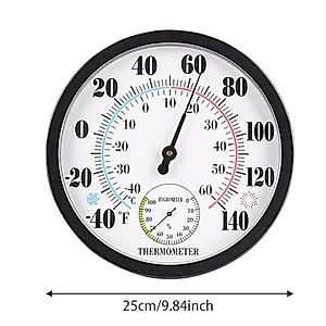 Peosaard Indoor Outdoor Thermometer Round 10in Hygrometer Mechanical Weather Station Waterproof Accurate Minimalist Temperature Gauge for Home Factory, Indoor Outdoor Thermometer