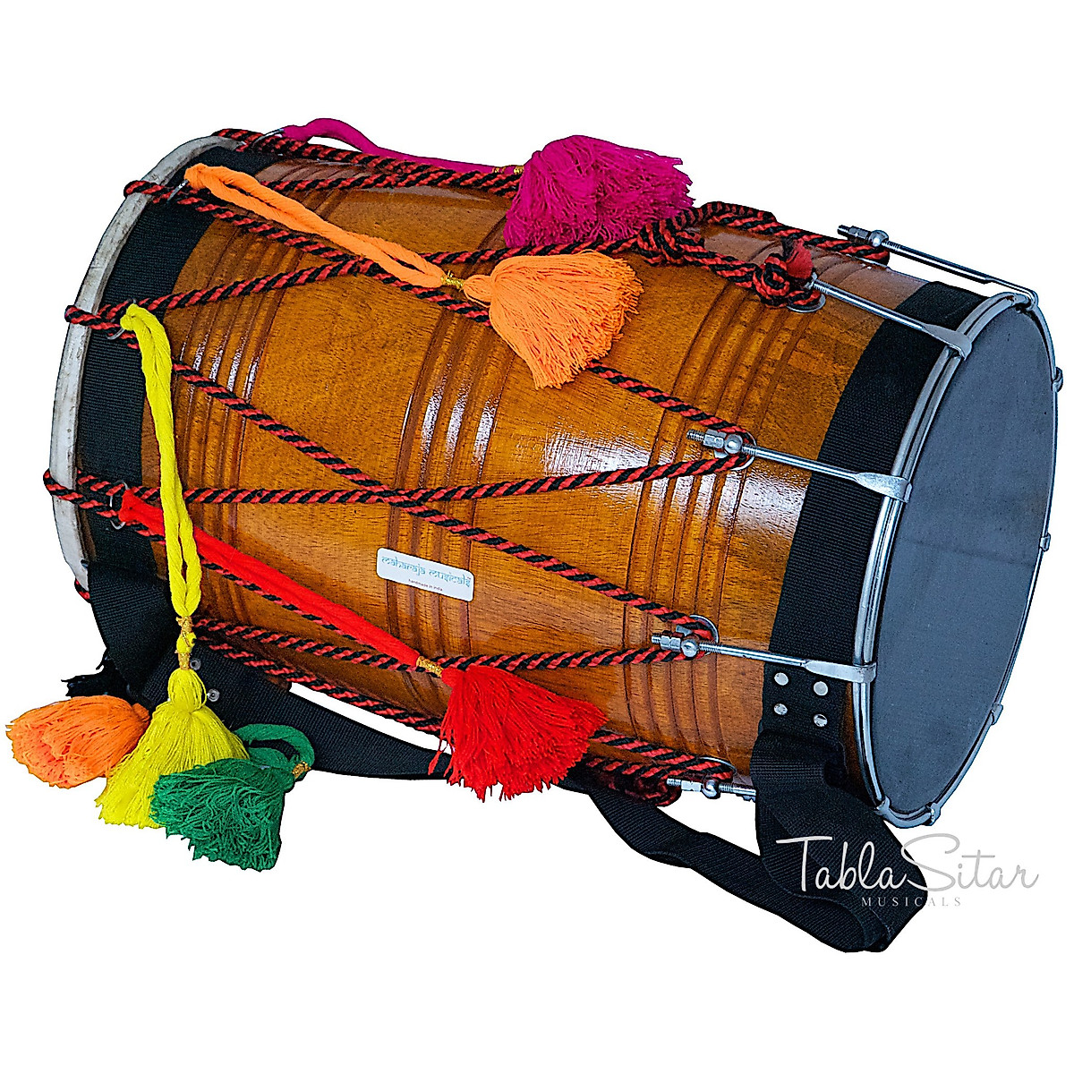 Dhol Drum by Maharaja Musicals, Mango Wood, Natural, Barrel Shaped, Padded Bag, Beaters, Nylon Shoulder Strap, Punjabi Bhangra Dhol Musical Instrument (PDI-GE)